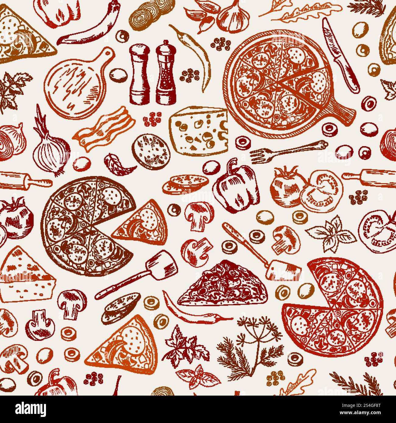 Seamless pattern with classical italian foods. Hand drawn illustrations ...
