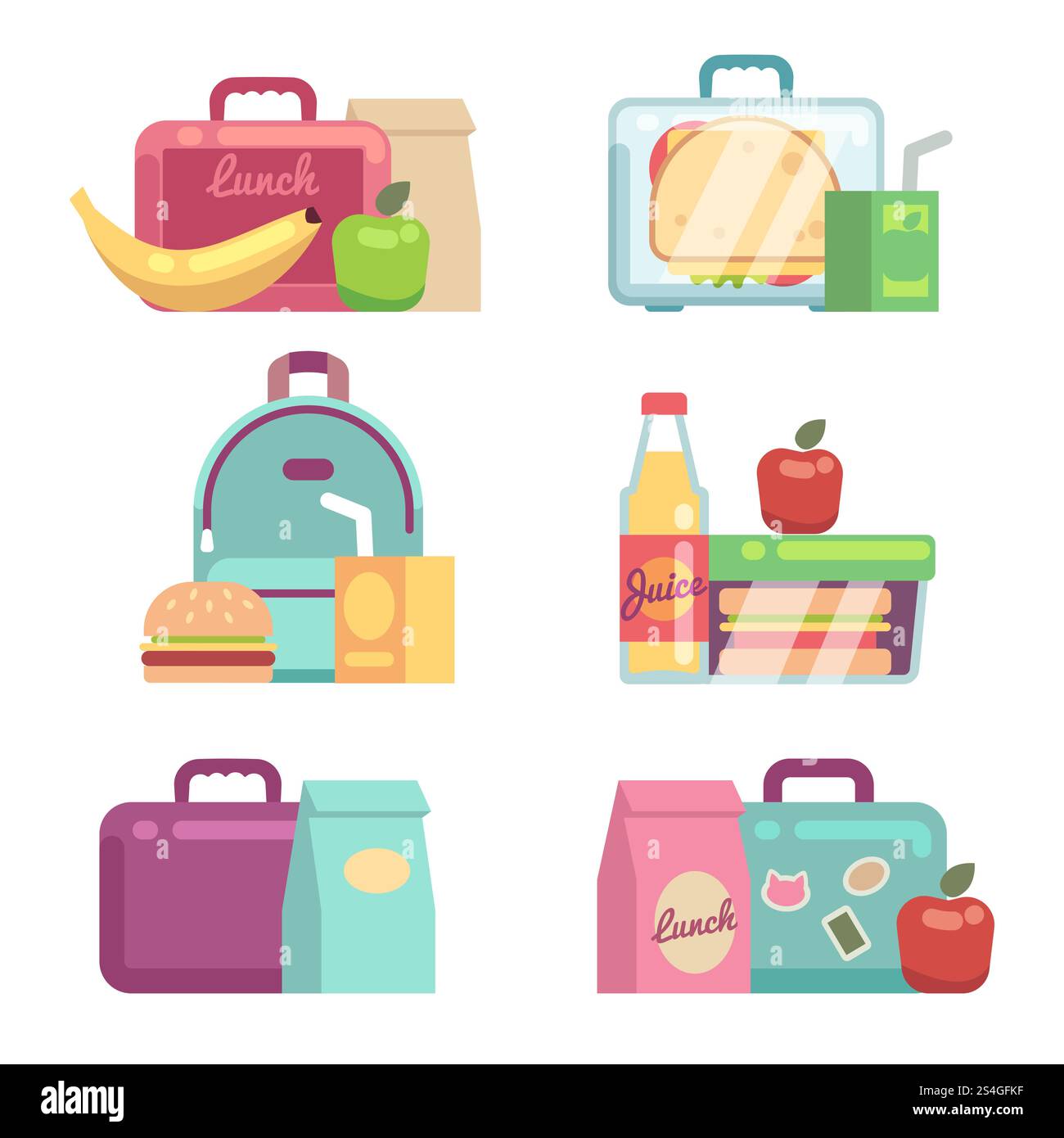 Kids snacks. School lunch boxes vector set. Container with dinner ...