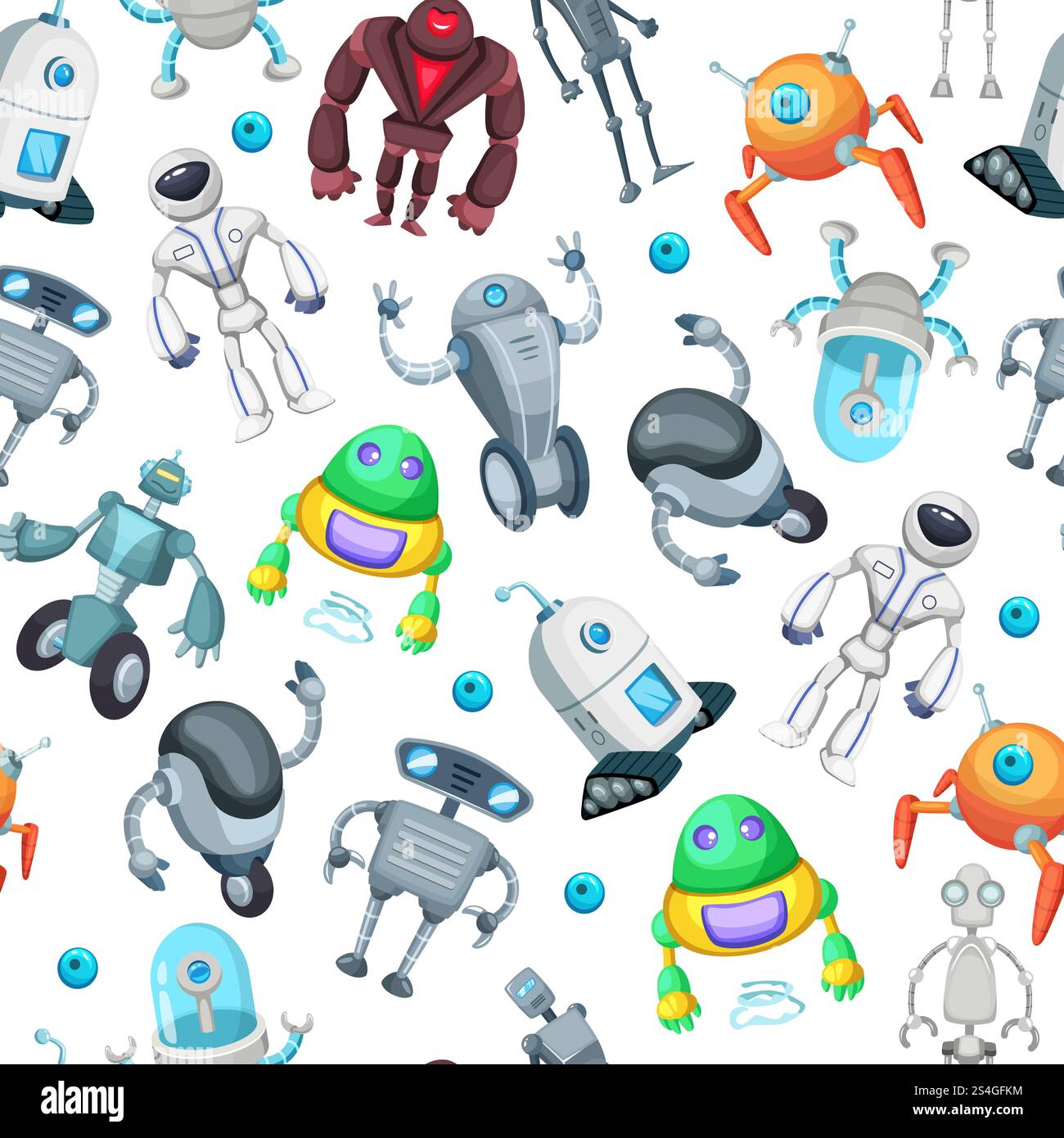 Seamless pattern with cute funny robots. Vector pictures in cartoon style. Robot cartoon ...
