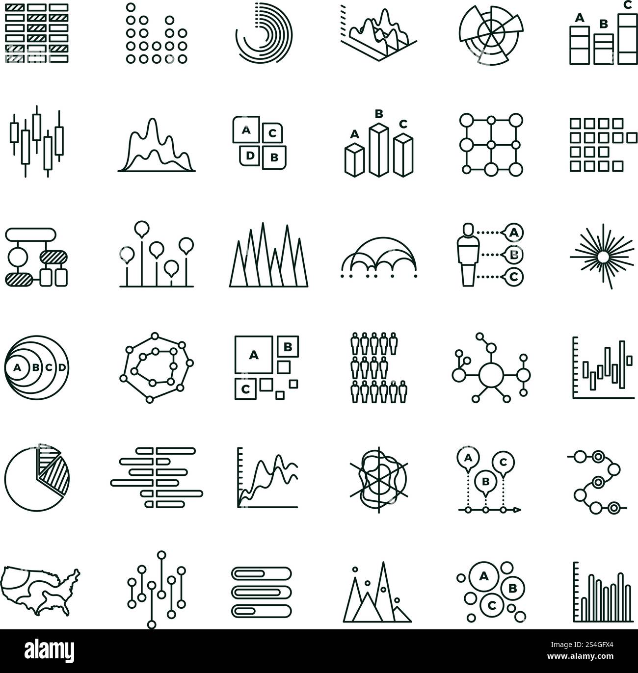 Statistics business graphs and charts outline vector icons. Financial ...