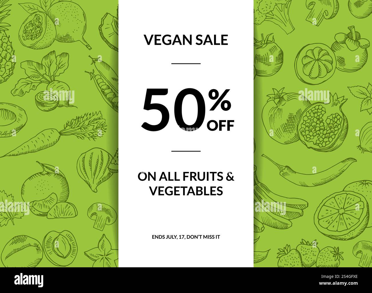 Vector handdrawn fruits and vegetables vegan sale background with ...
