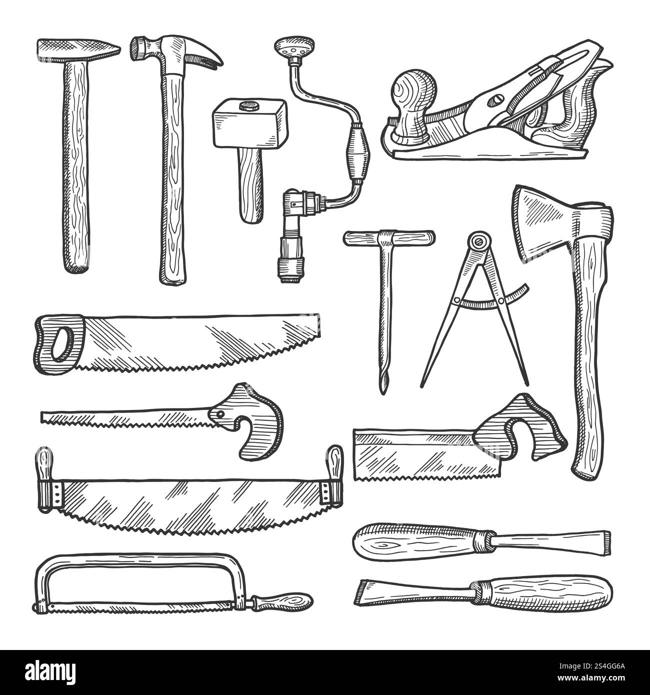 Tools in carpentry workshop. Vector hand drawn illustration. Set of ...
