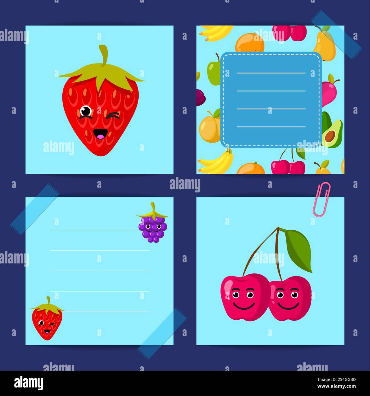 Vector flat cute raspberry, cherry, blackberry fruits with face ...