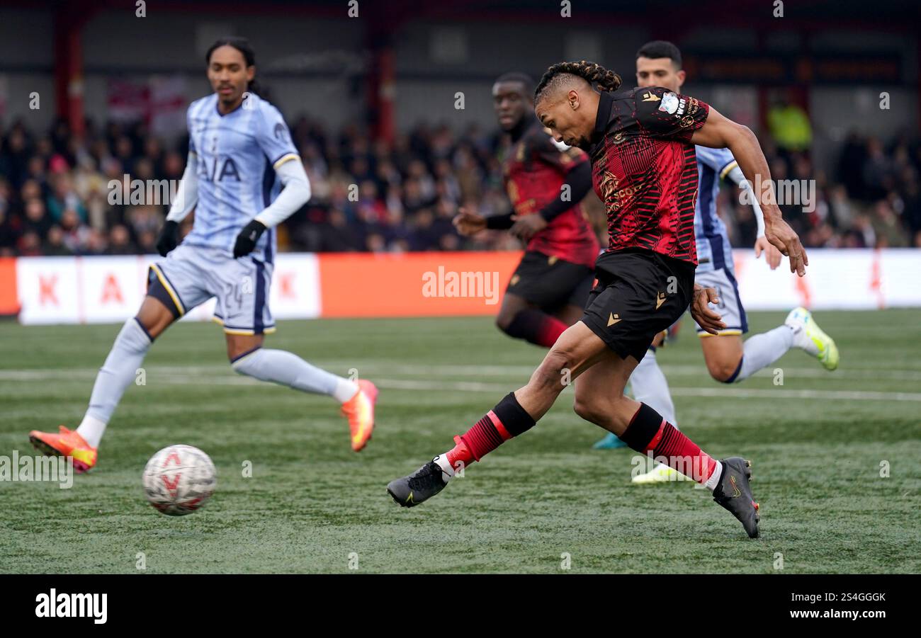 Tamworth's Kai Williams shoots at goal during the Emirates FA Cup third ...