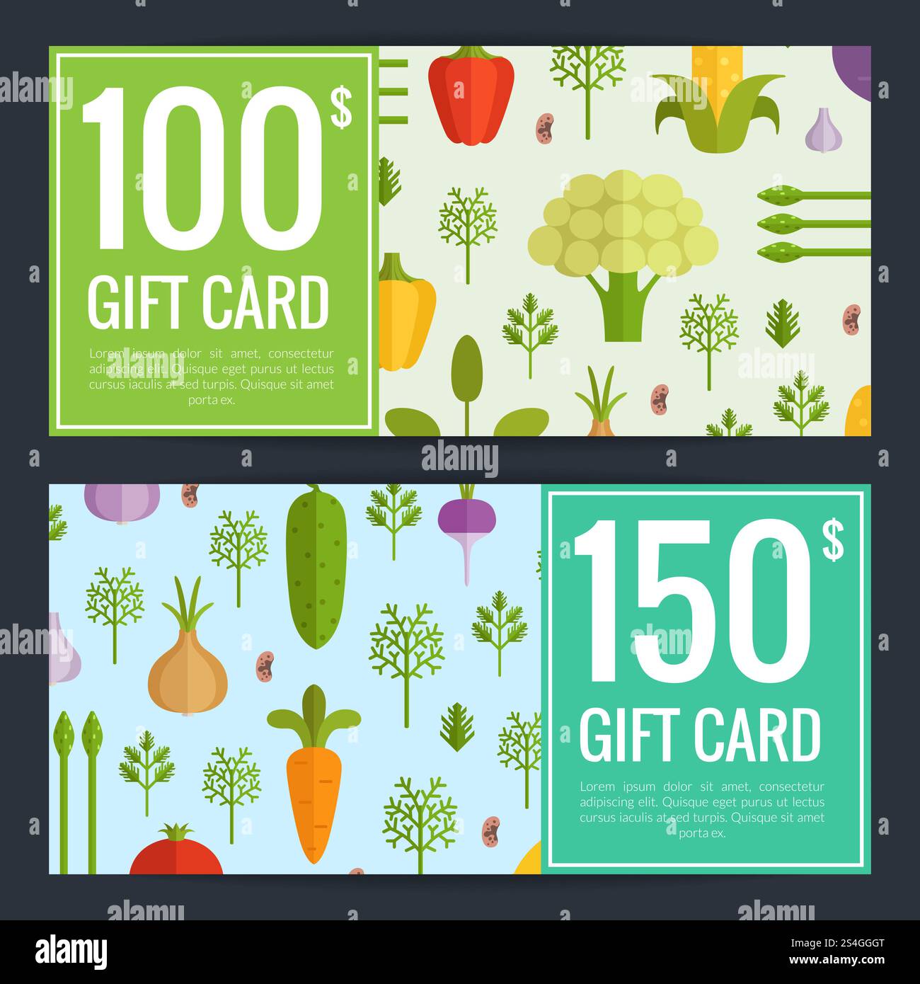 Vector flat vegetables vegan shopping voucher templates. Gift card ...