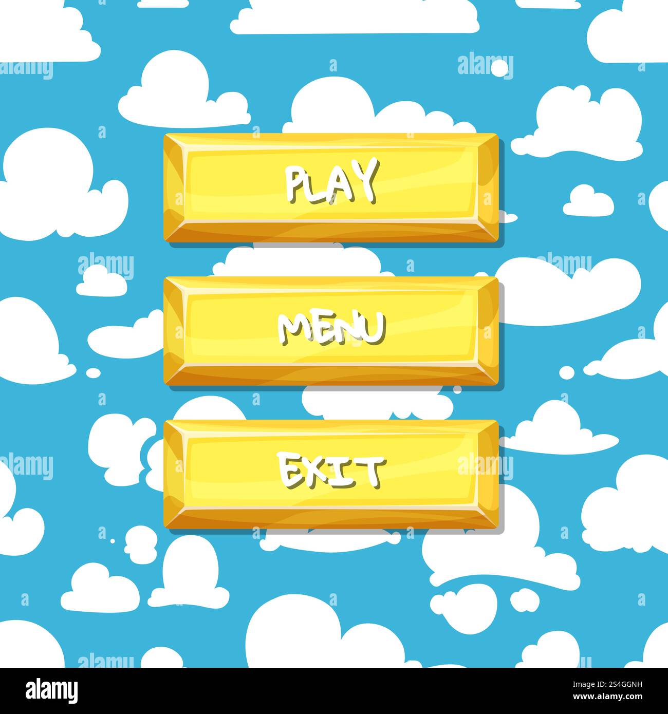 Vector cartoon style buttons with text for game design on clouds in the ...
