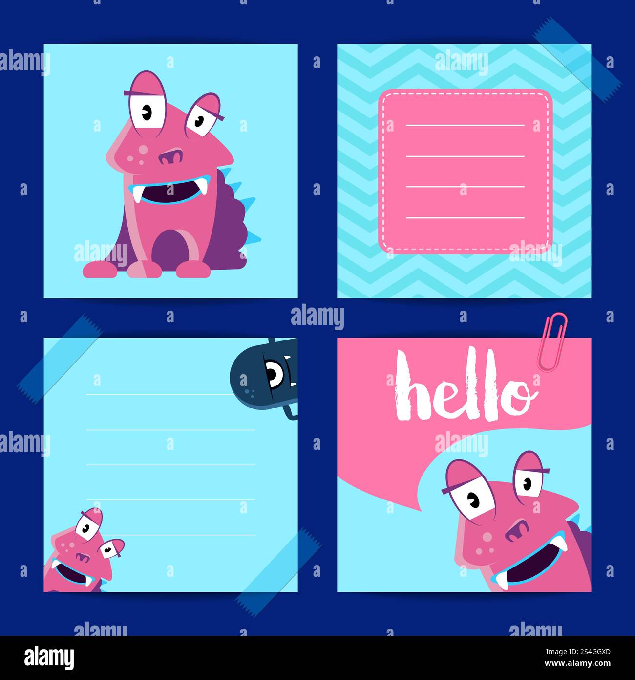 Vector pinned square note cards with cute monsters with lettering on ...
