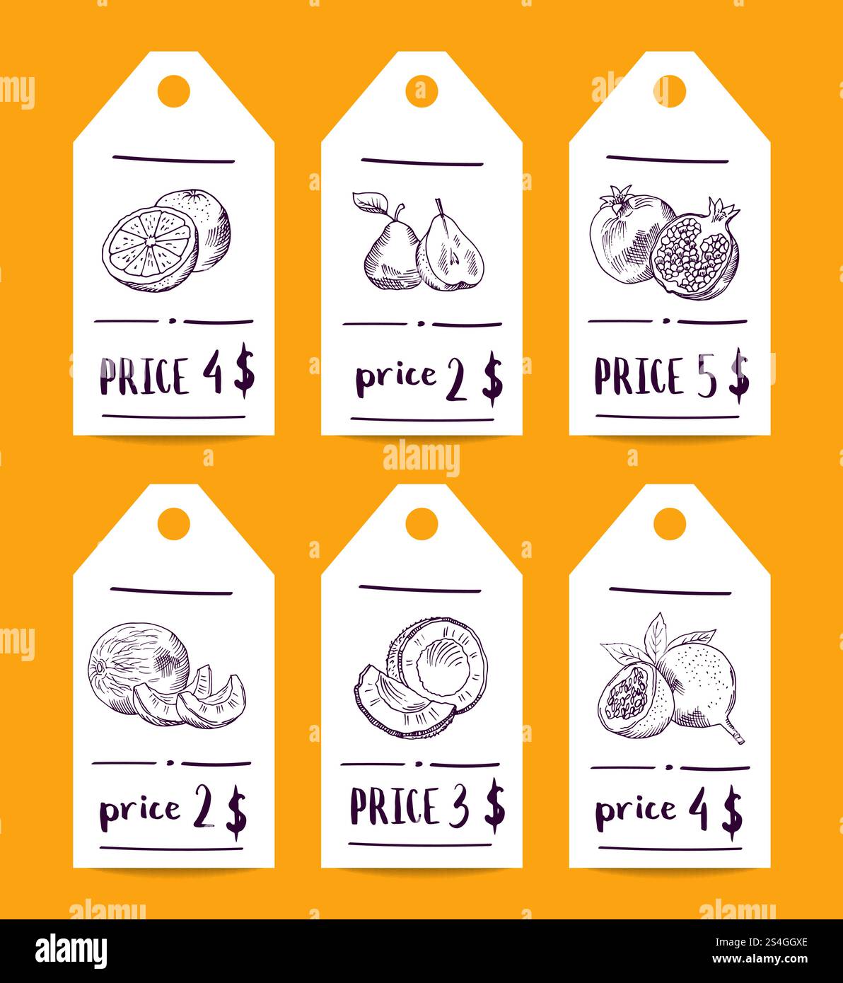 Vector price tag set with doodle sketched fruits and vegetables. Price ...