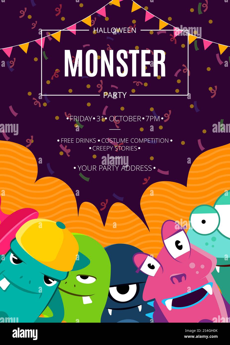 Vector Halloween party invitation poster with crowd of cute monsters ...