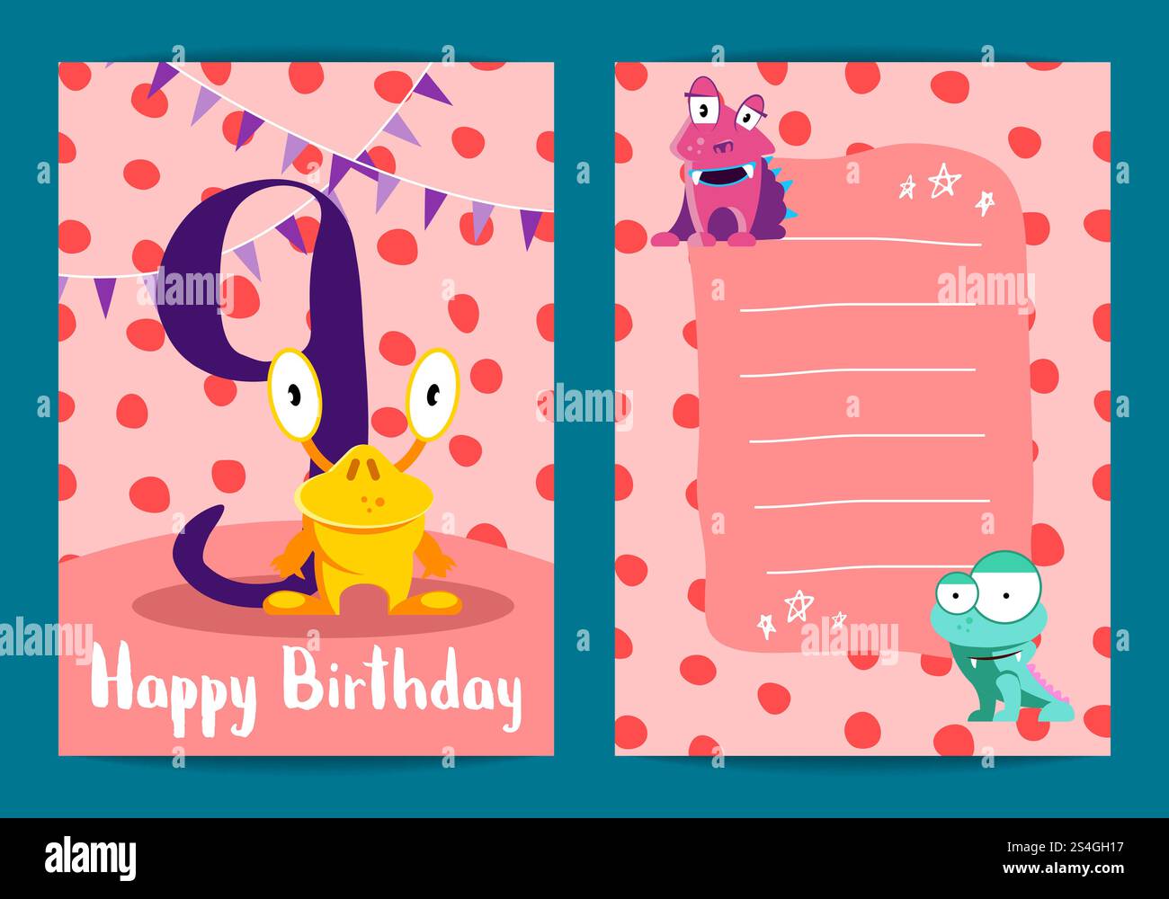 Vector kids poster happy birthday card with cute cartoon monsters and ...