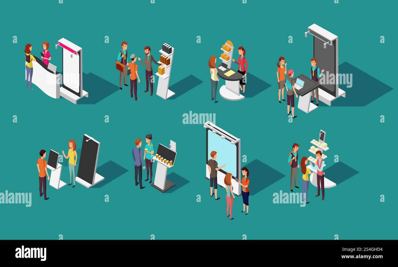 People standing at expo promotional stands vector 3d isometric set ...