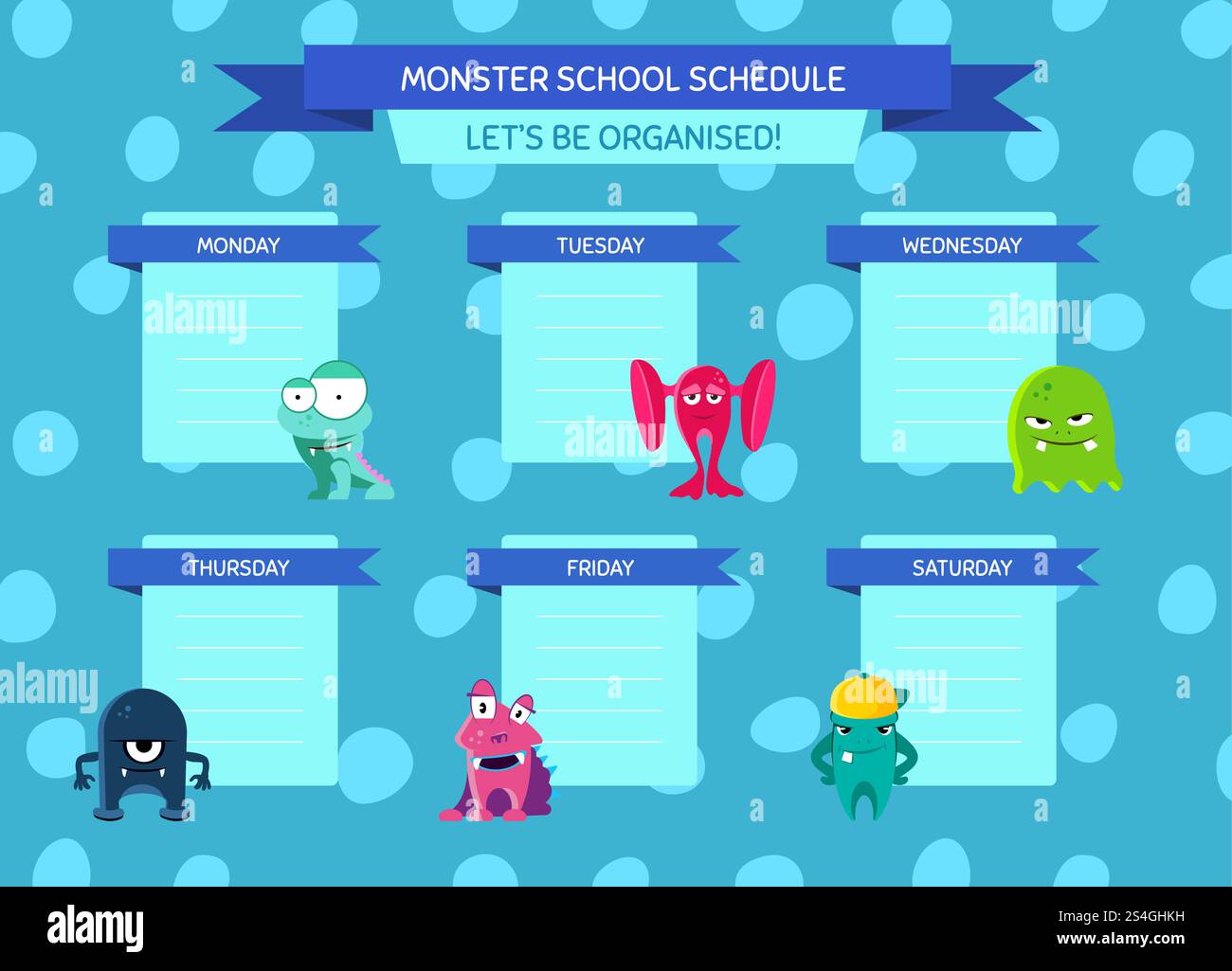 Vector school schedule with ribbons, cartoon monsters on circles background. Template chart ...