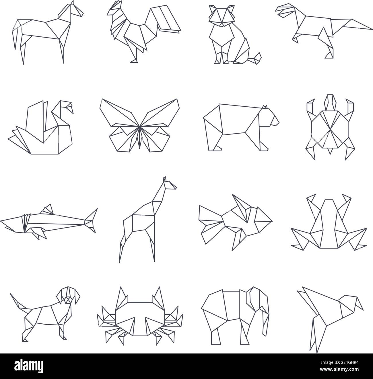 Japanese origami paper animals vector line icons. Set of origami animal ...