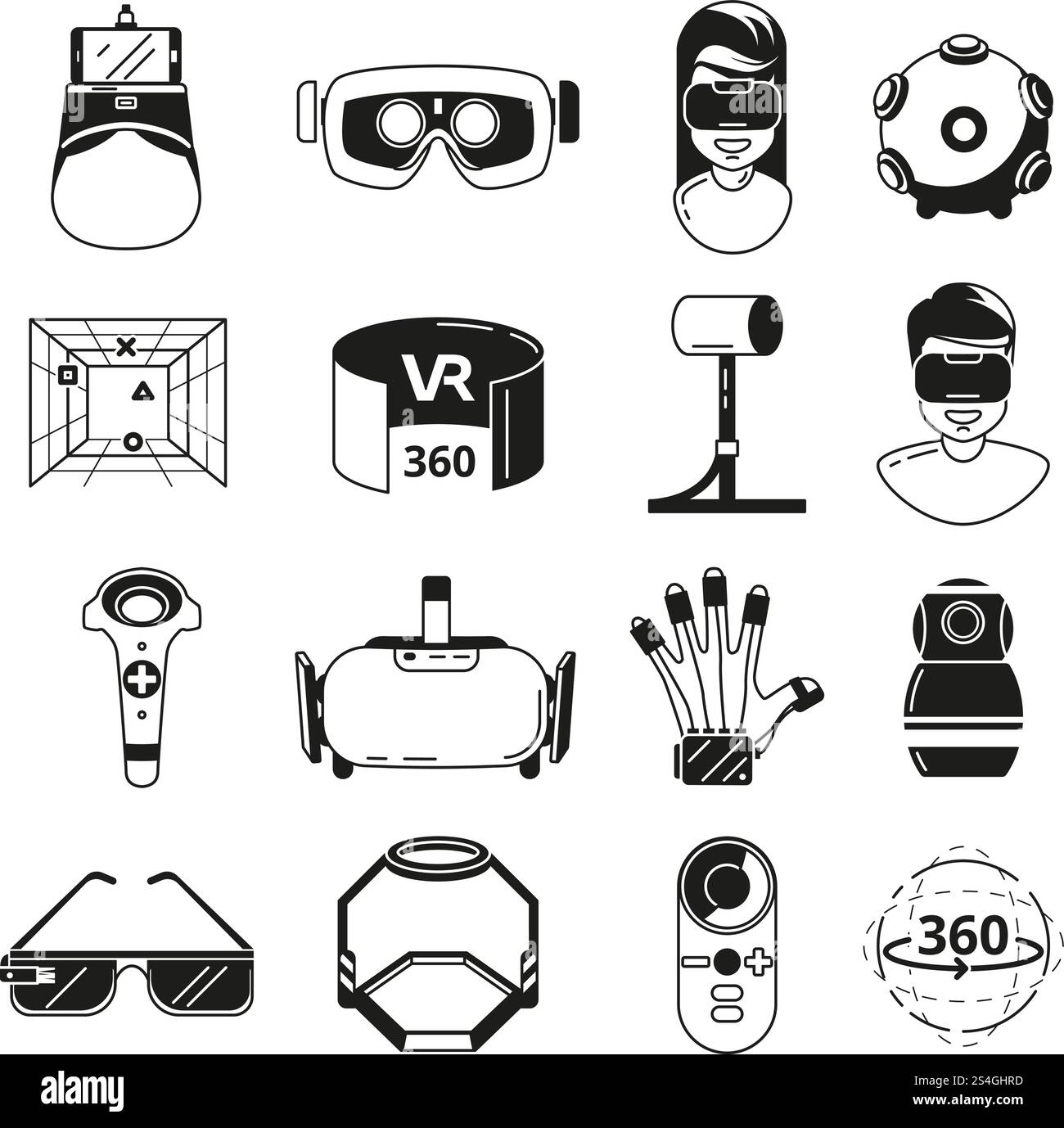 Symbols of virtual reality. Game panoramic in 3d rotation. Vr glasses ...