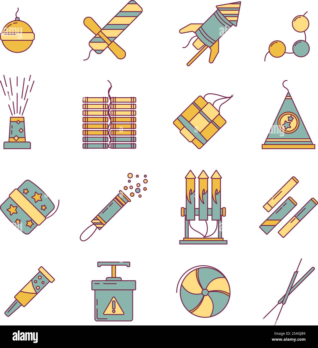 Dynamite, bomb, fireworks and other pyrotechnics tools. Vector linear ...