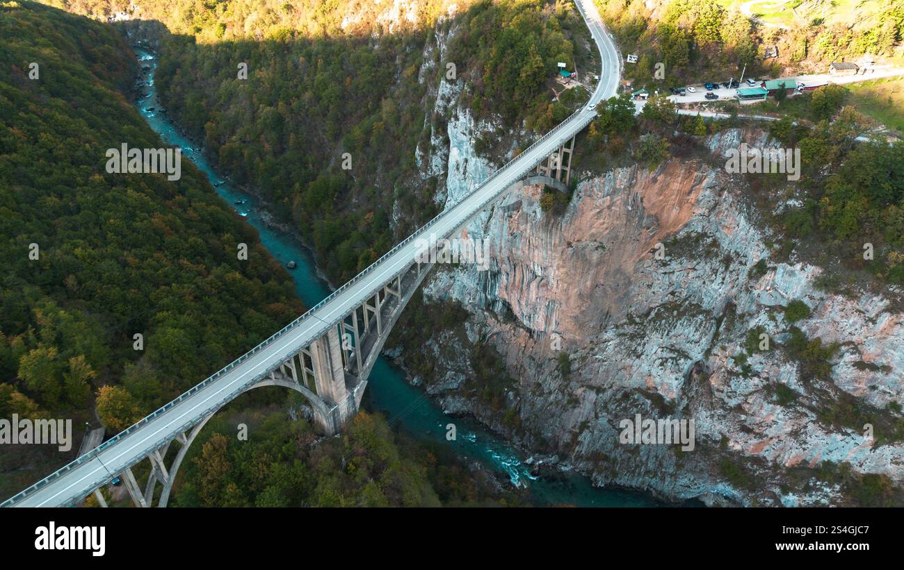 Aerial view of Djurdjevica bridge in Montenegro, Europe. A popular ...