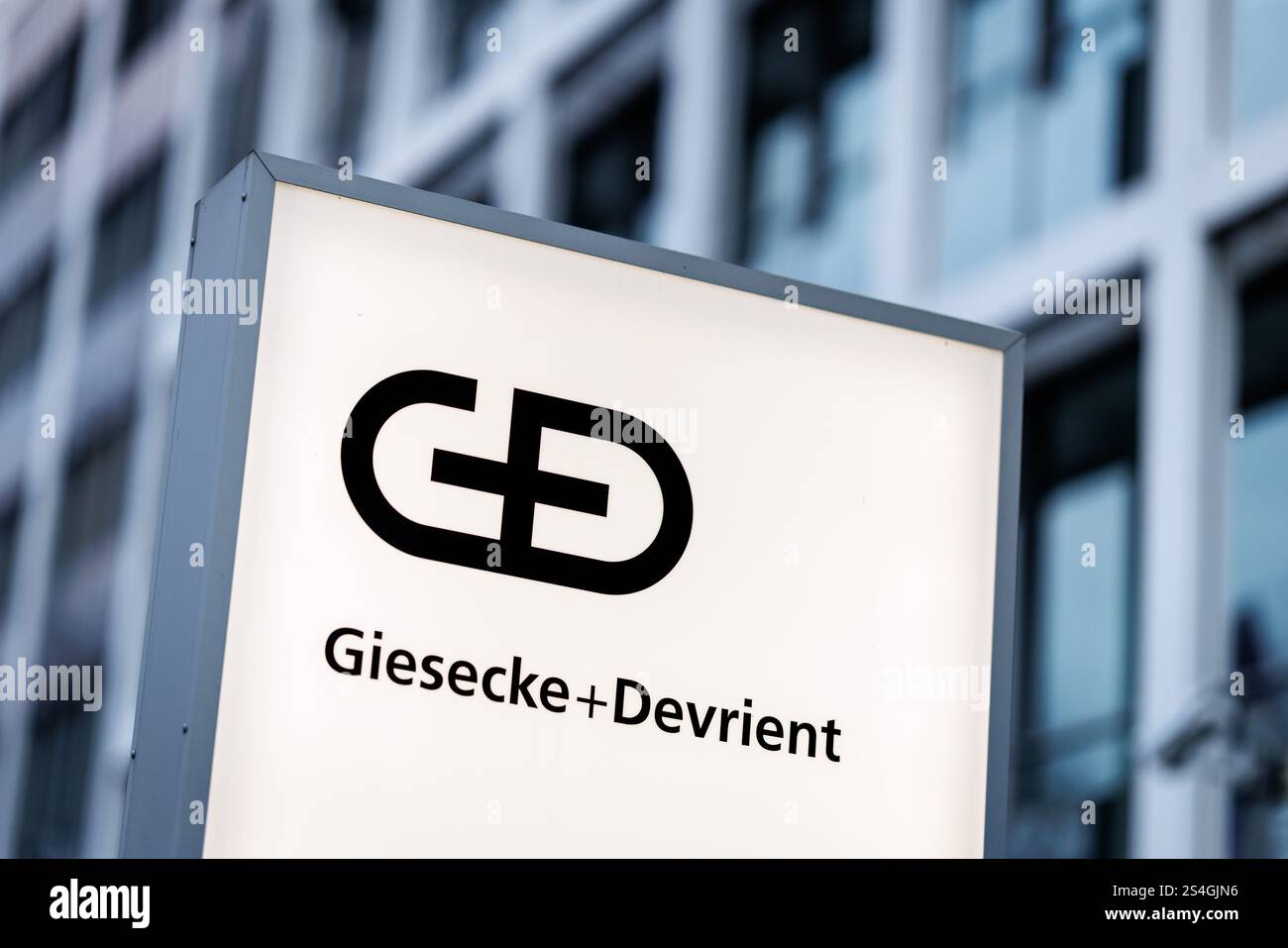 10 January 2025, Bavaria, Munich: The logo and lettering of Giesecke+Devrient GmbH (G+D) can be ...