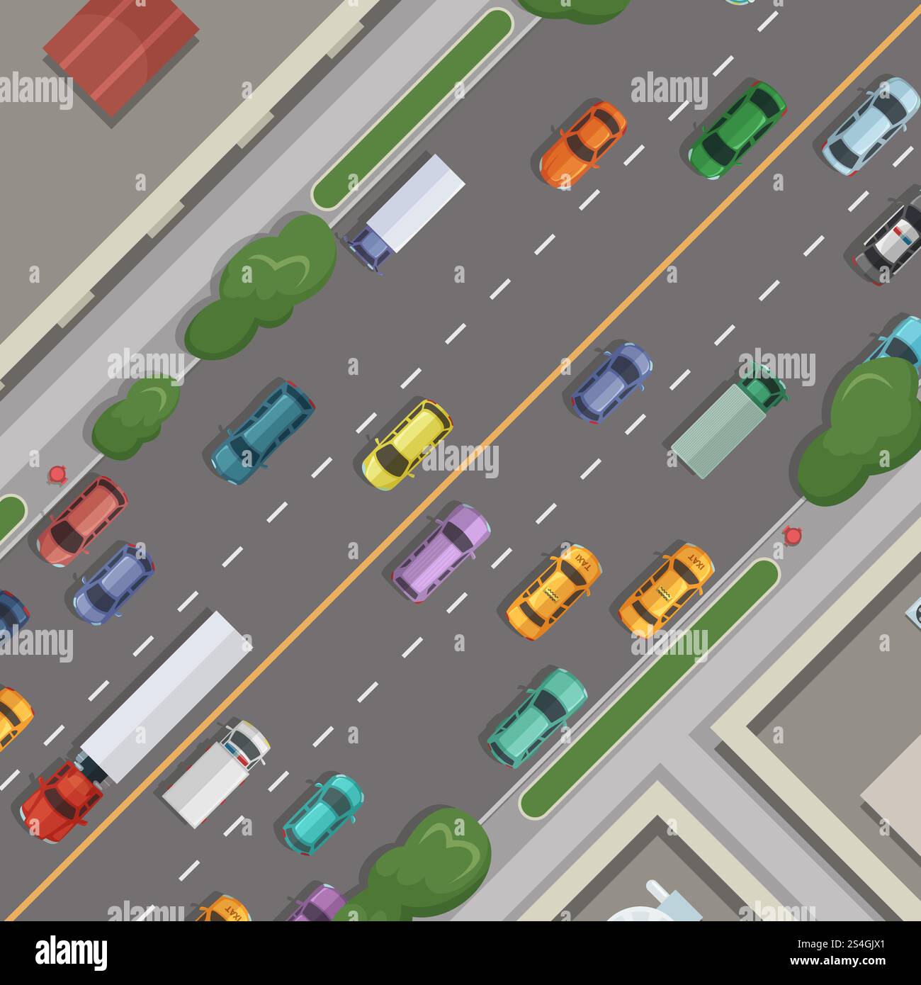 Vector city road with cars with buildings, grass and trees on sidelines ...