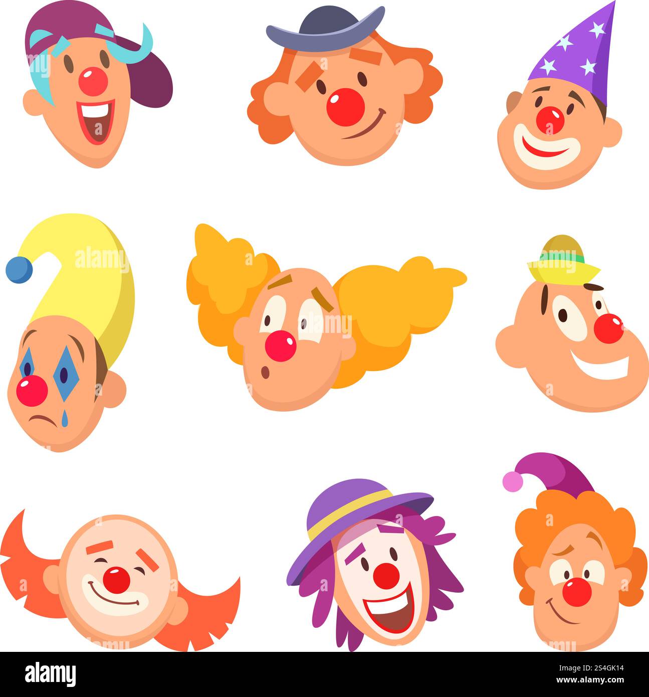 Avatar set of funny clowns with different emotions. Collection of clown face character. Vector ...