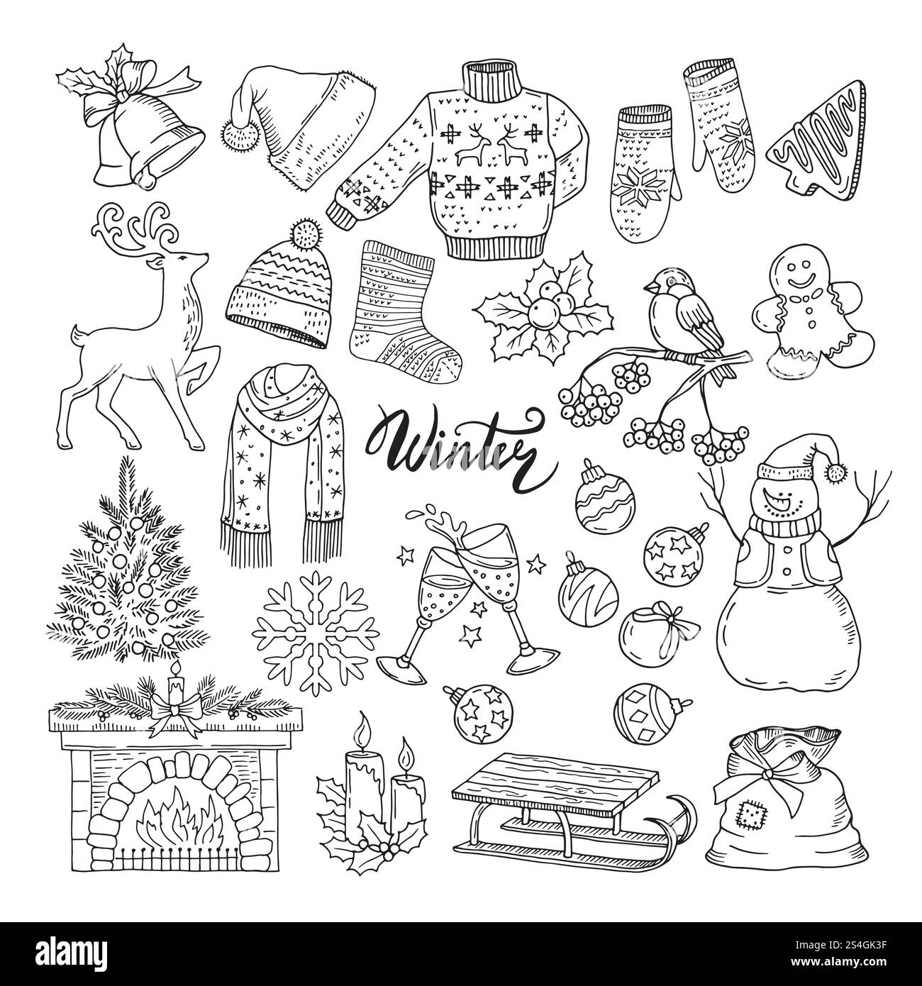 Set of different winters elements. Vector illustrations of holiday objects. Christmas and new ...