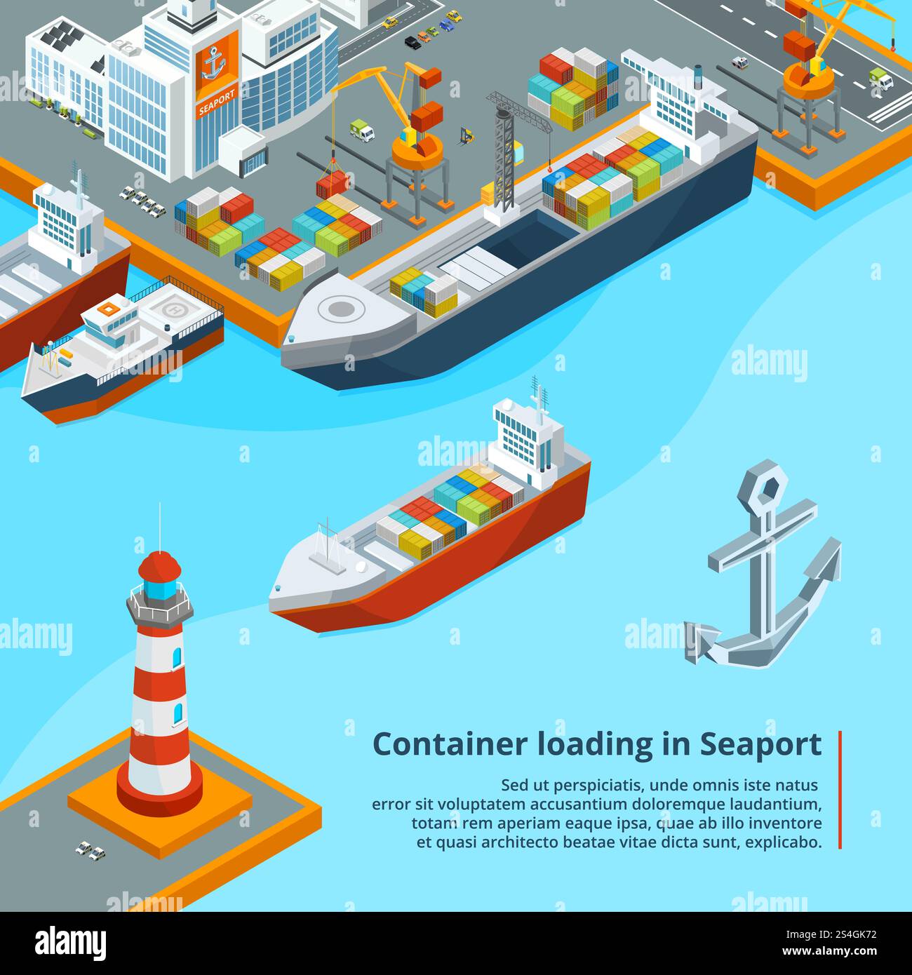 Dry cargo ship with containers. Maritime industrial work. Isometric ...