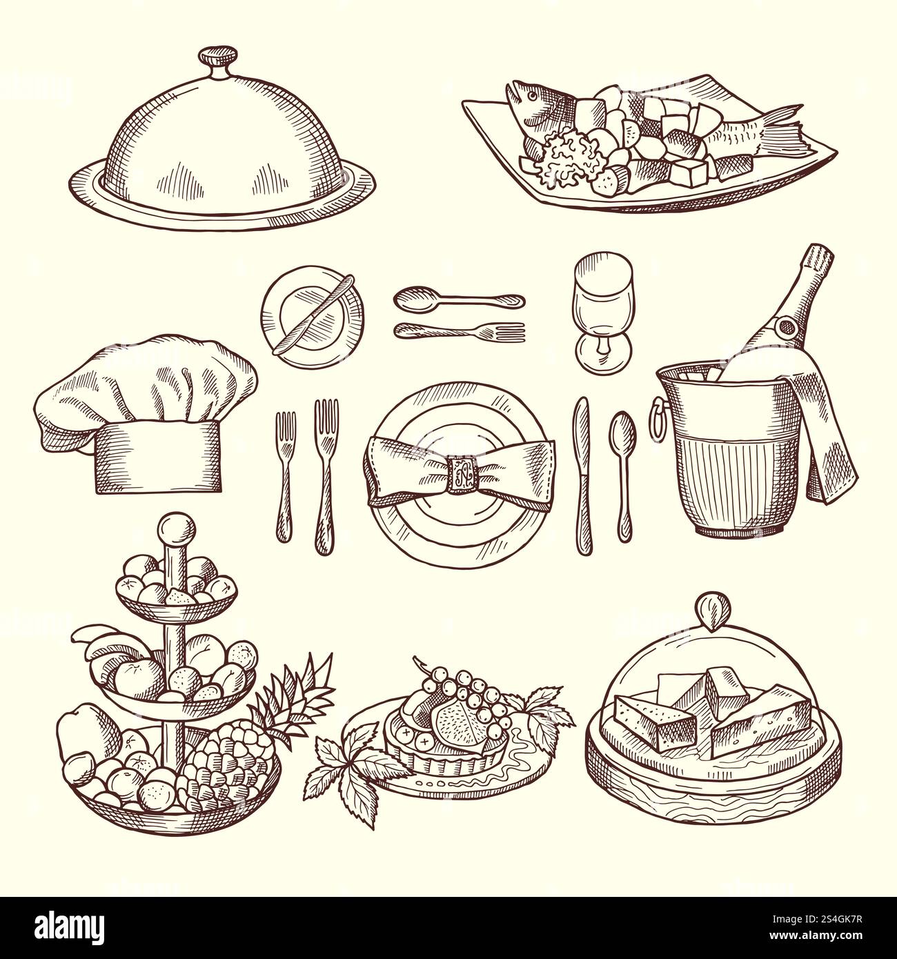 Foods on dishes. Monochrome pictures for design restaurant menu. Vector ...
