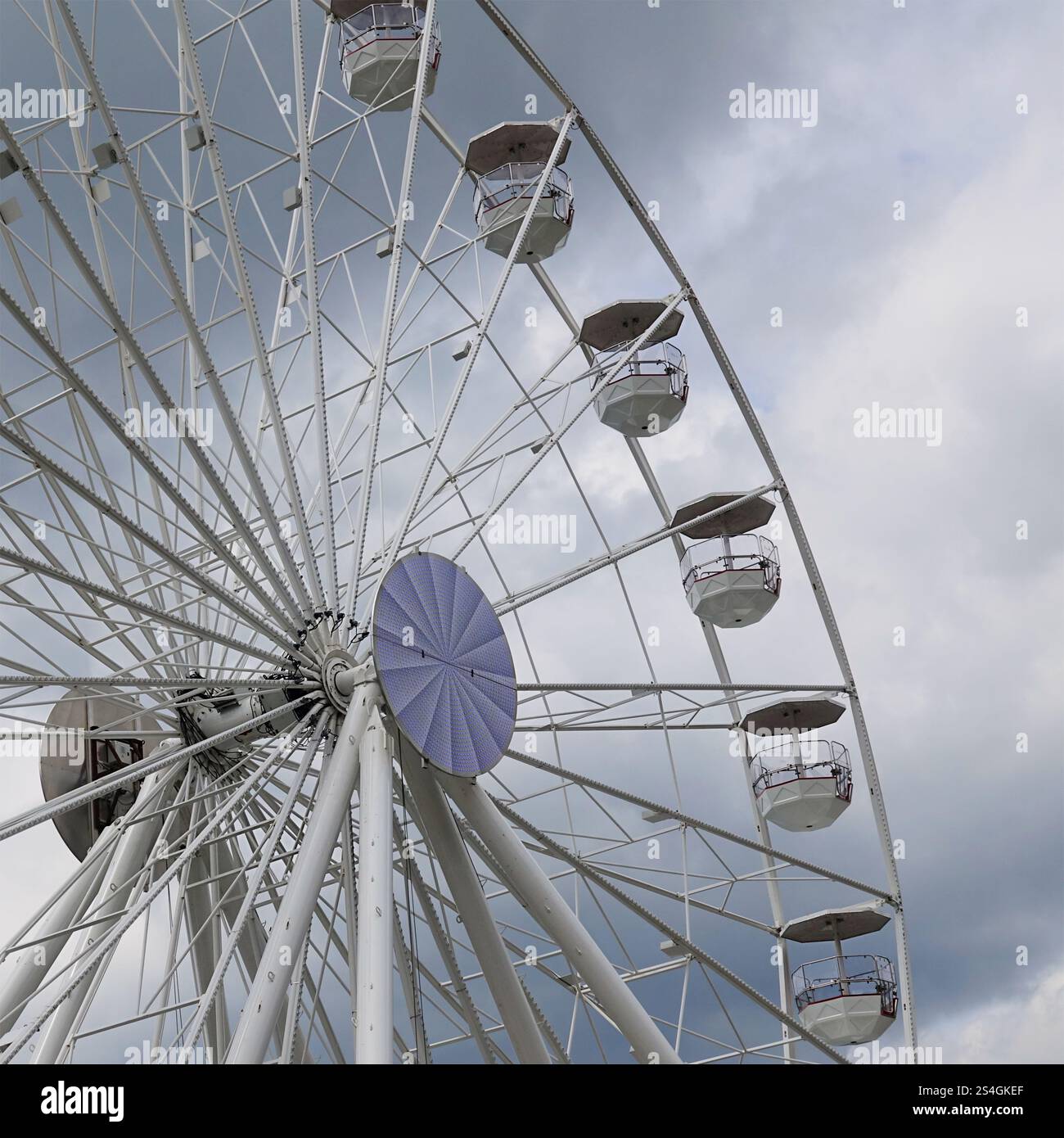 Ferris wheel in front of dark clouds of a rain front: detailed shot of ...