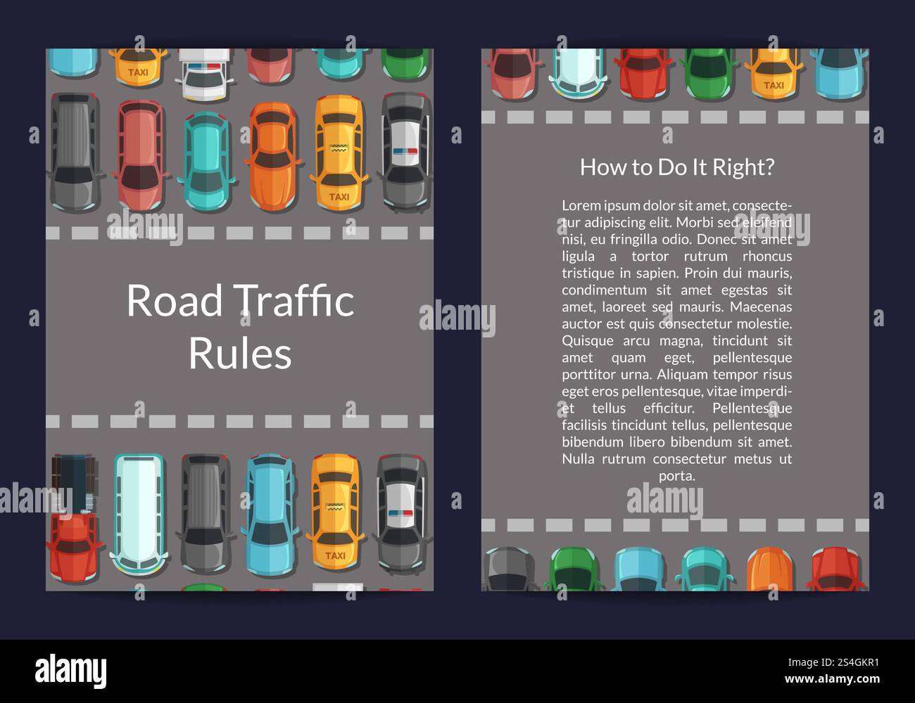 Vector cars on the road in front of pedestrian zone top view card or ...