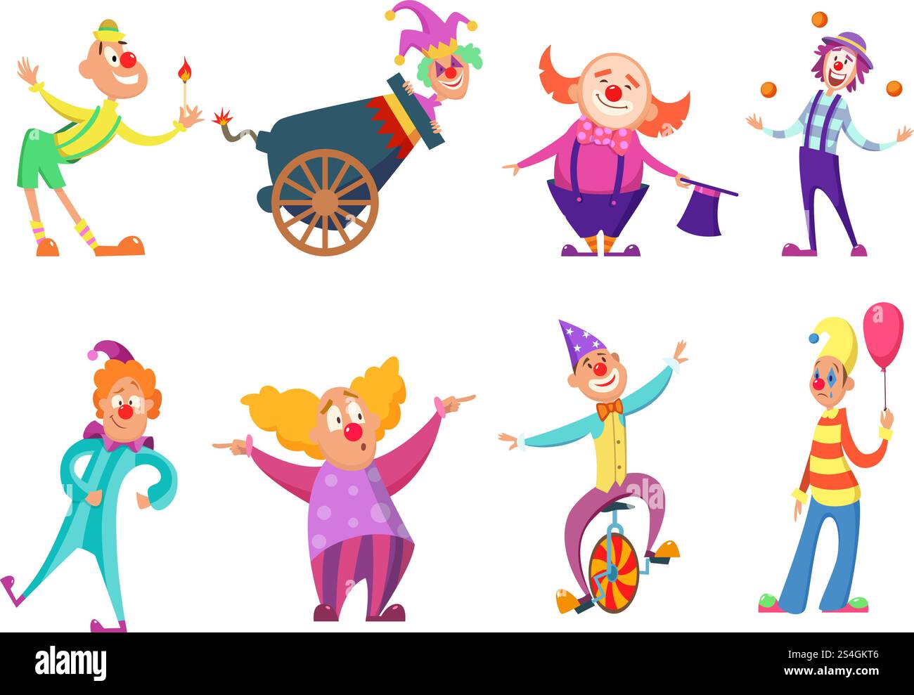 Circus characters. Funny clowns in action poses. Circus clown in ...