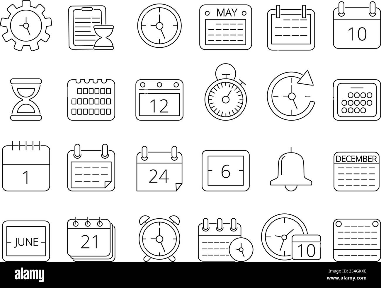 Mono line pictures set of time managements symbols. Calendar month and ...