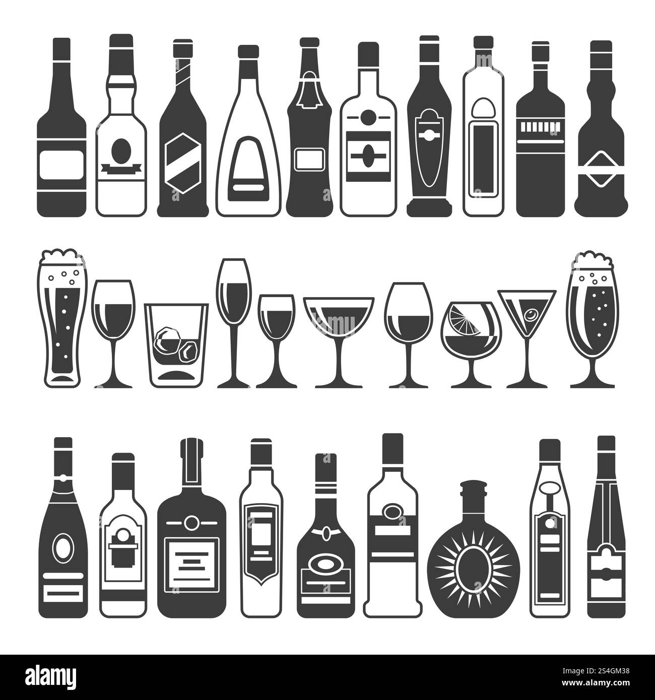 Monochrome illustrations of black pictures of alcoholic bottles. Vector ...
