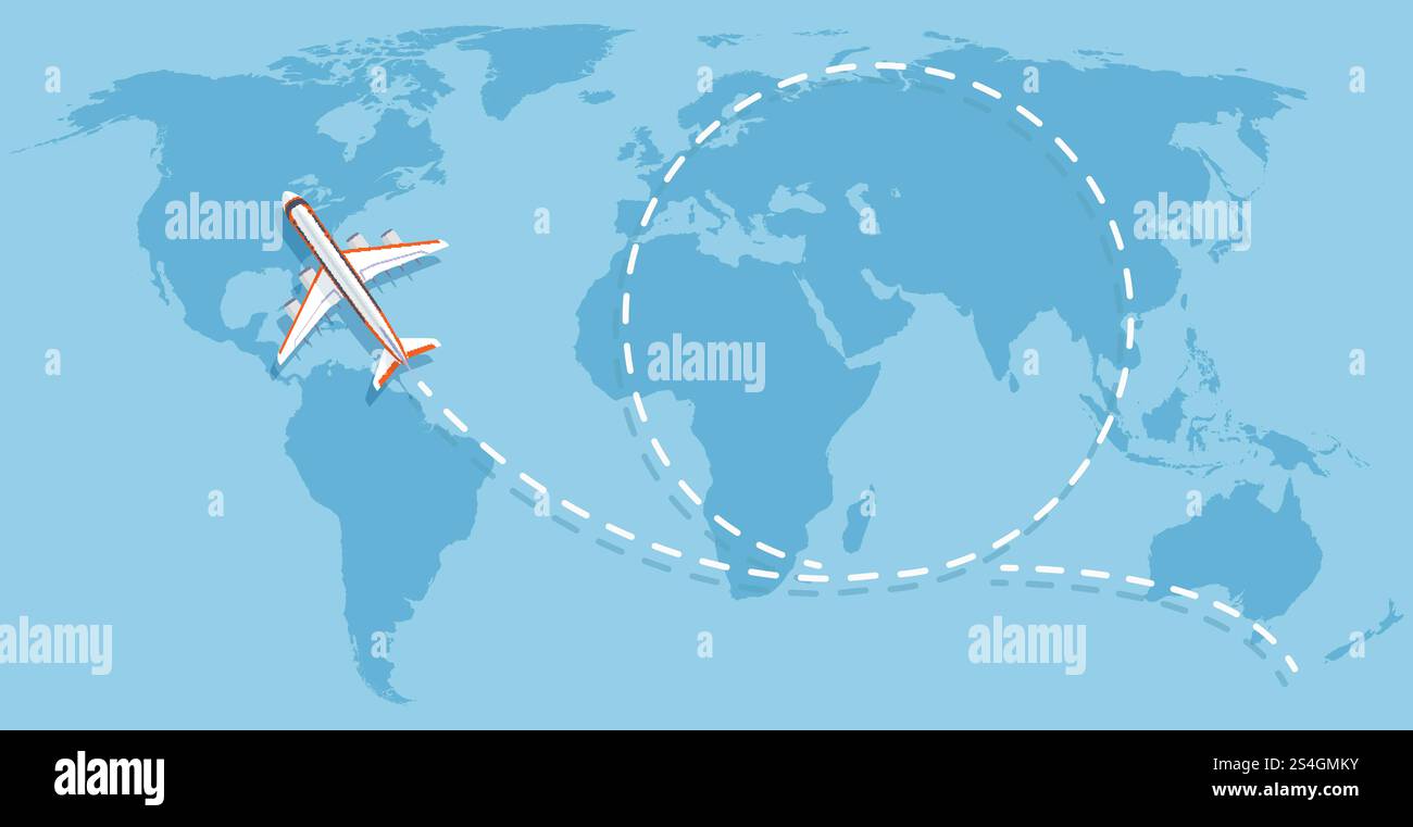 Airplane flying above world map. Aircraft travelling flat vector ...