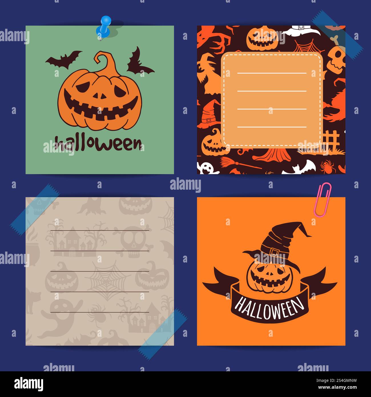 Vector halloween notes set template with witches, pumpkins, ghosts ...