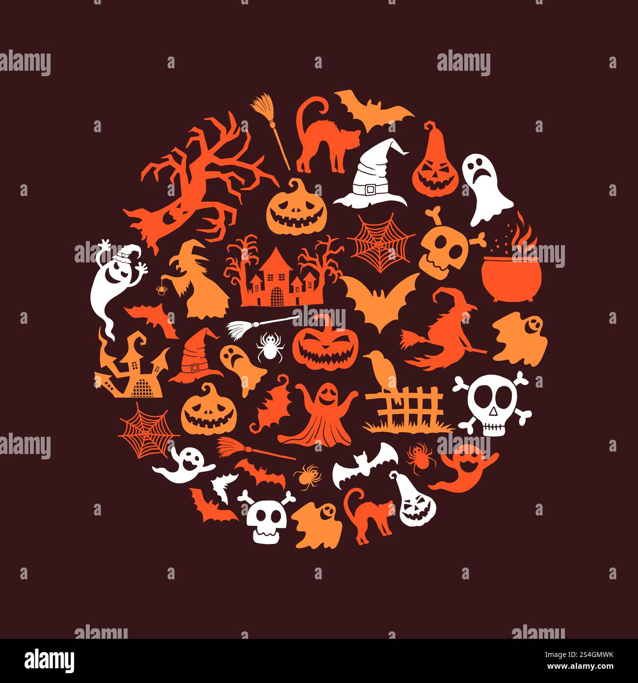 Vector halloween background with witches, pumpkins, ghosts, spiders ...