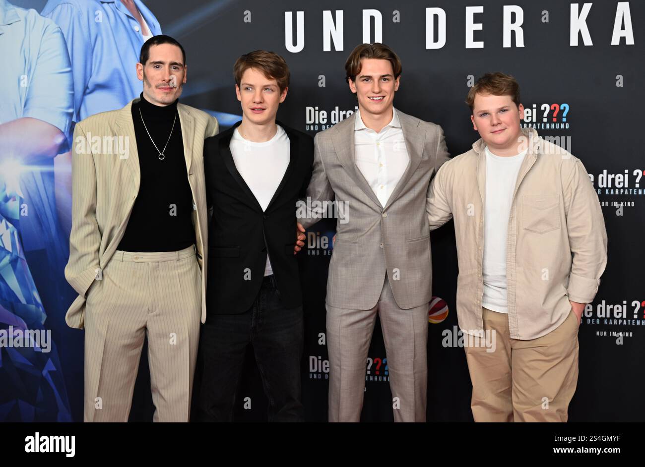 Munich, Germany. 12th Jan, 2025. Director Tim Dünschede (l-r) and actors Levi Brandl, Nevio ...