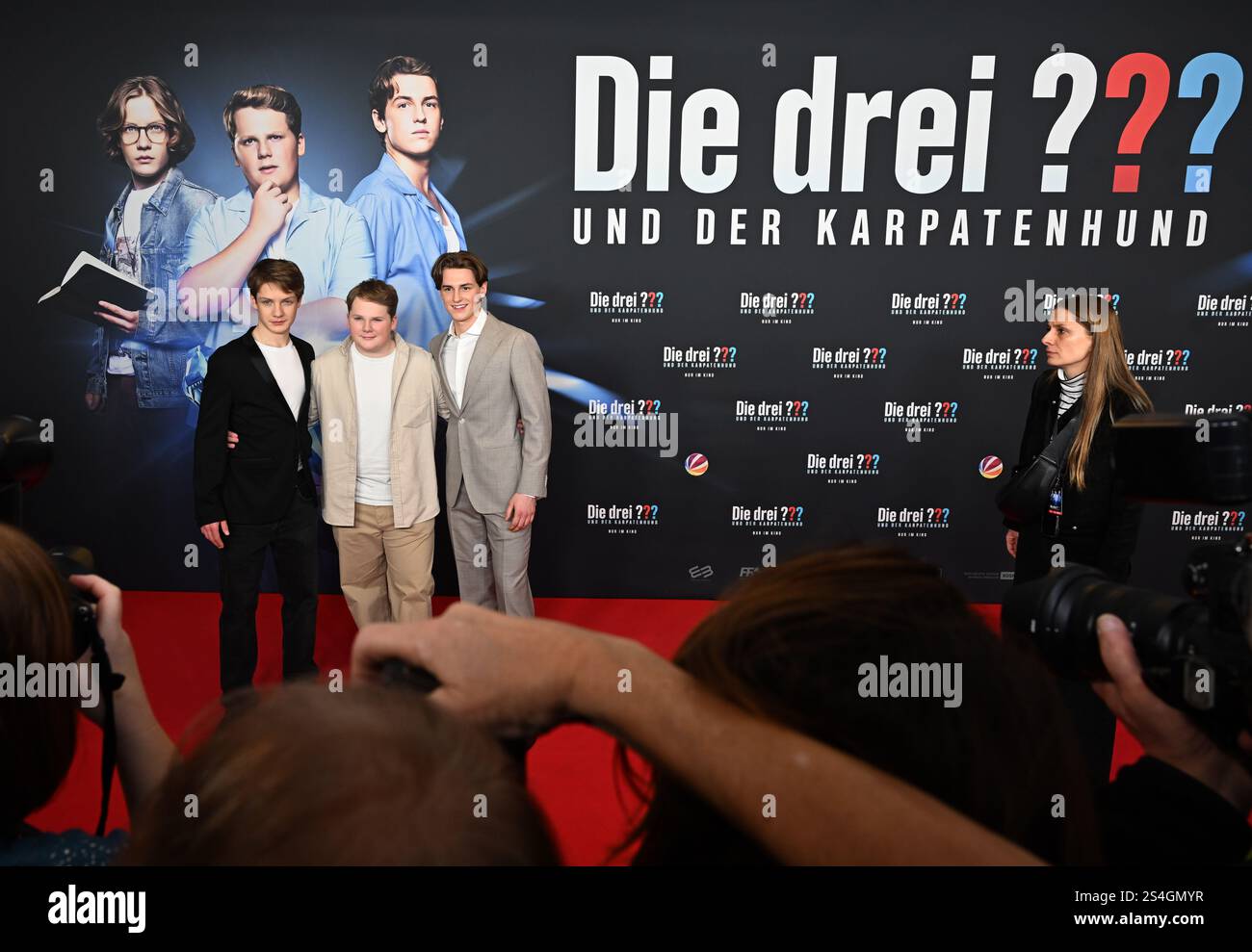 12 January 2025, Bavaria, Munich: Actors Levi Brandl (l-r), Julius Weckauf and Nevio Wendt stand ...