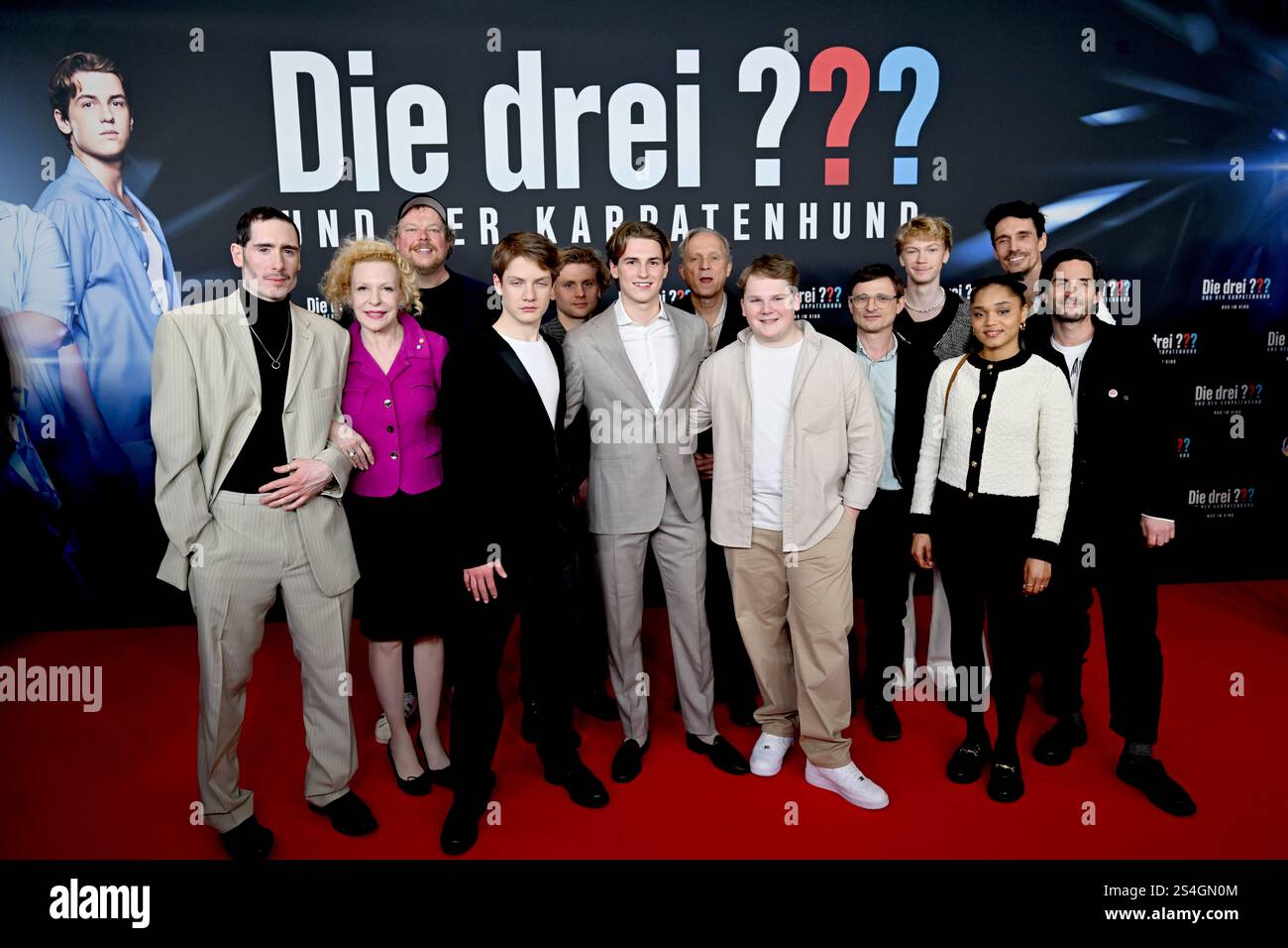 Munich, Germany. 12th Jan, 2025. Actors Levi Brandl (front l-r), Nevio Wendt and Julius Weckauf ...