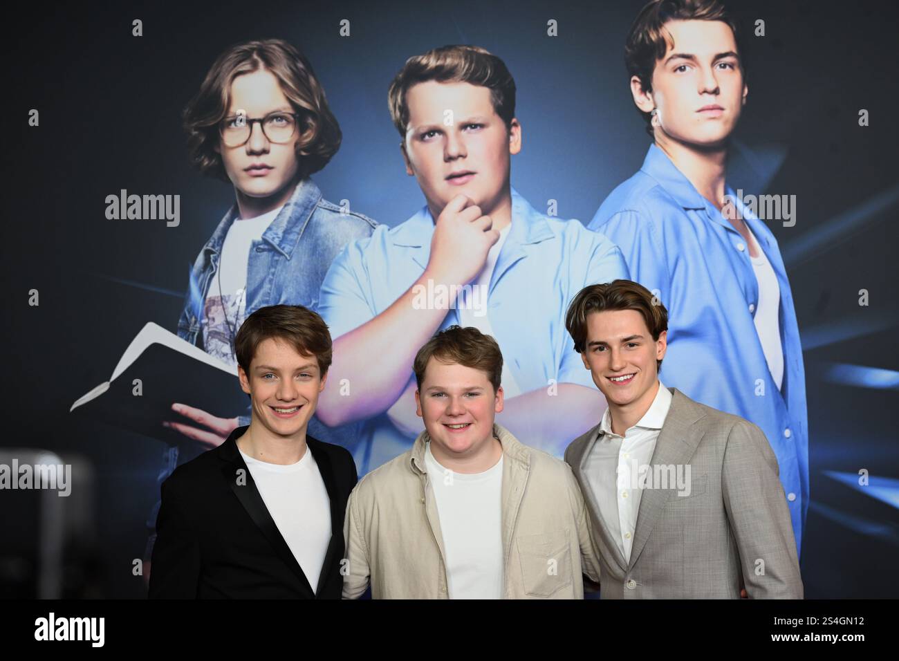 Munich, Germany. 12th Jan, 2025. Actors Levi Brandl (l-r), Julius Weckauf and Nevio Wendt stand ...