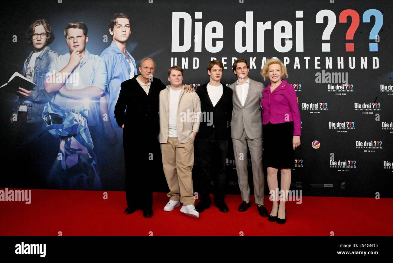 12 January 2025, Bavaria, Munich: Actors Ulrich Tukur (l-r), Julius Weckauf, Levi Brandl, Nevio ...