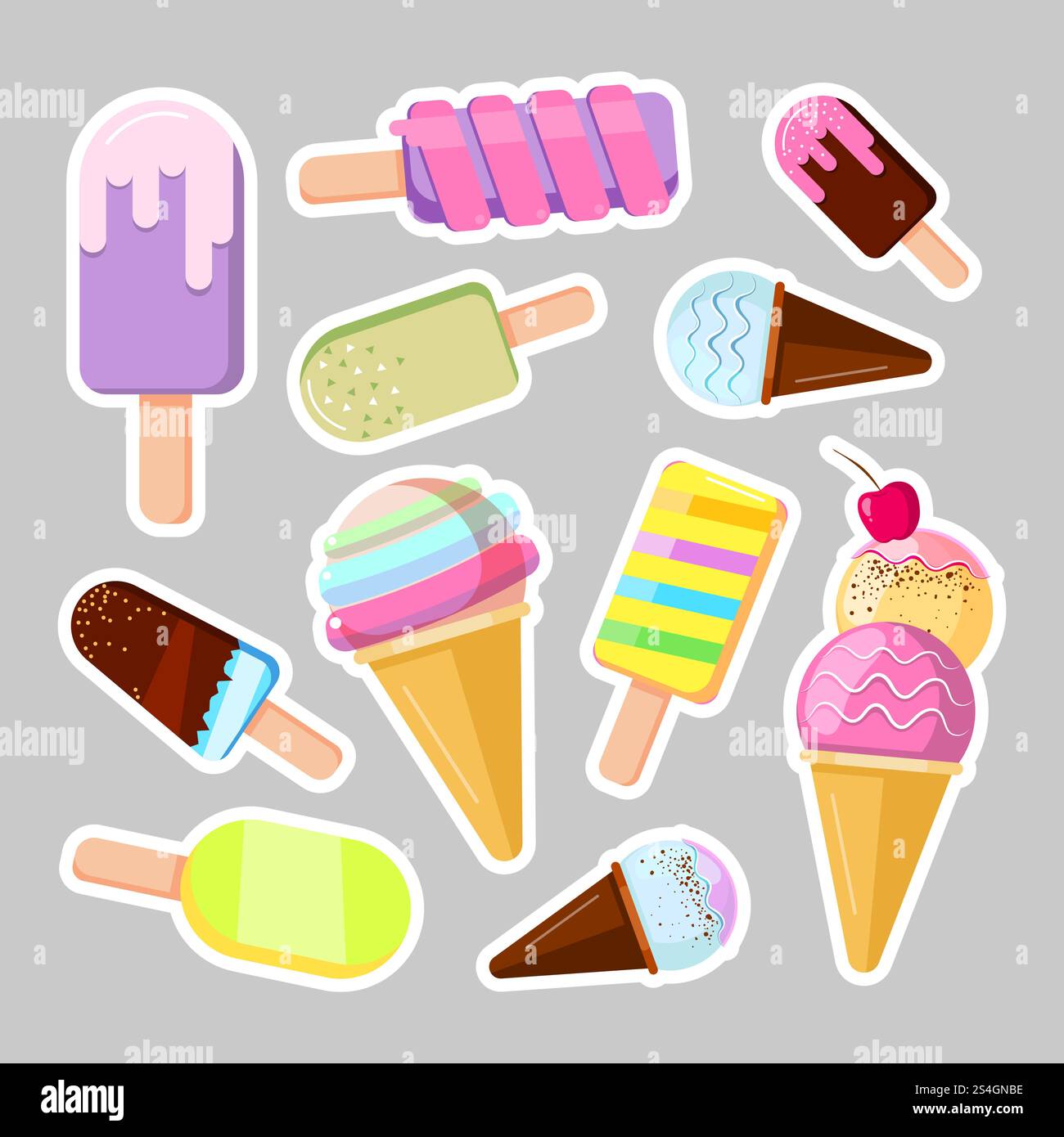 Ice cream stickers. Cute cartoon vector illustration. Collection of ice ...