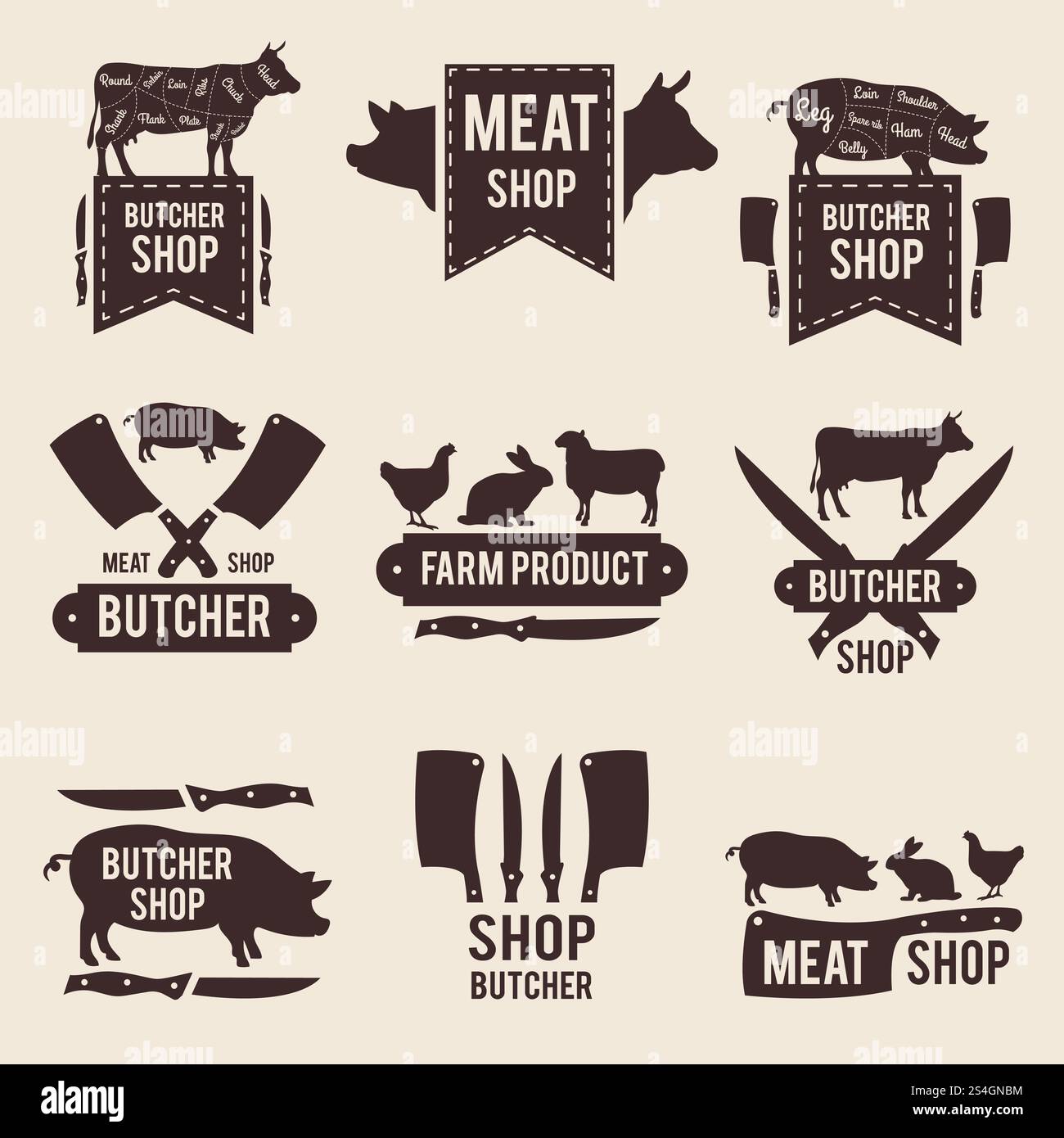 Design of monochrome labels set for butcher shop with illustrations of ...