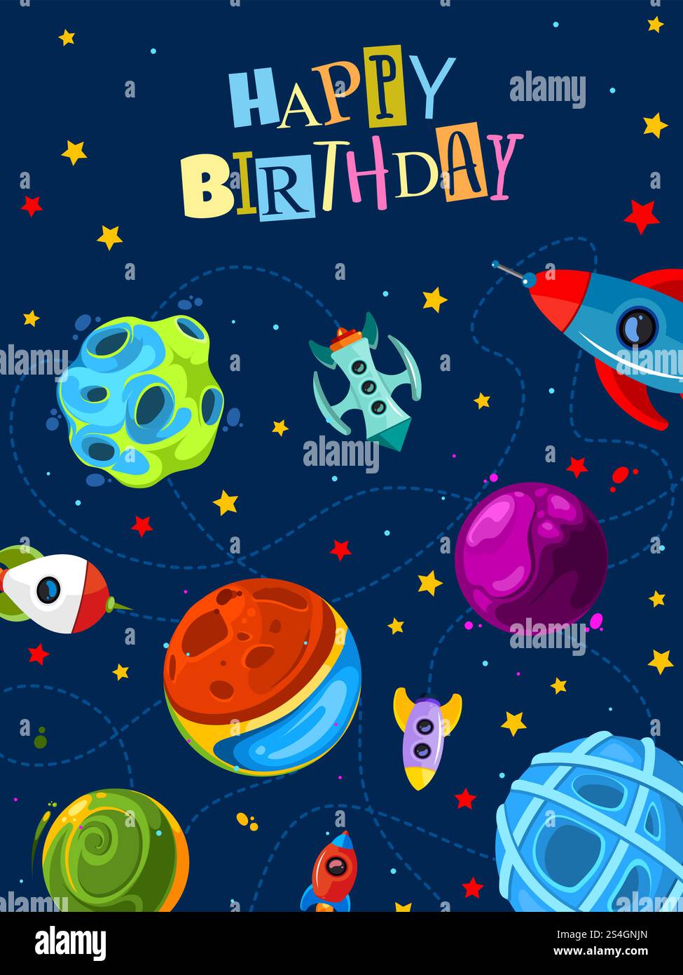 Happy birthday gift card with cute planets and rockets. Happy birthday ...