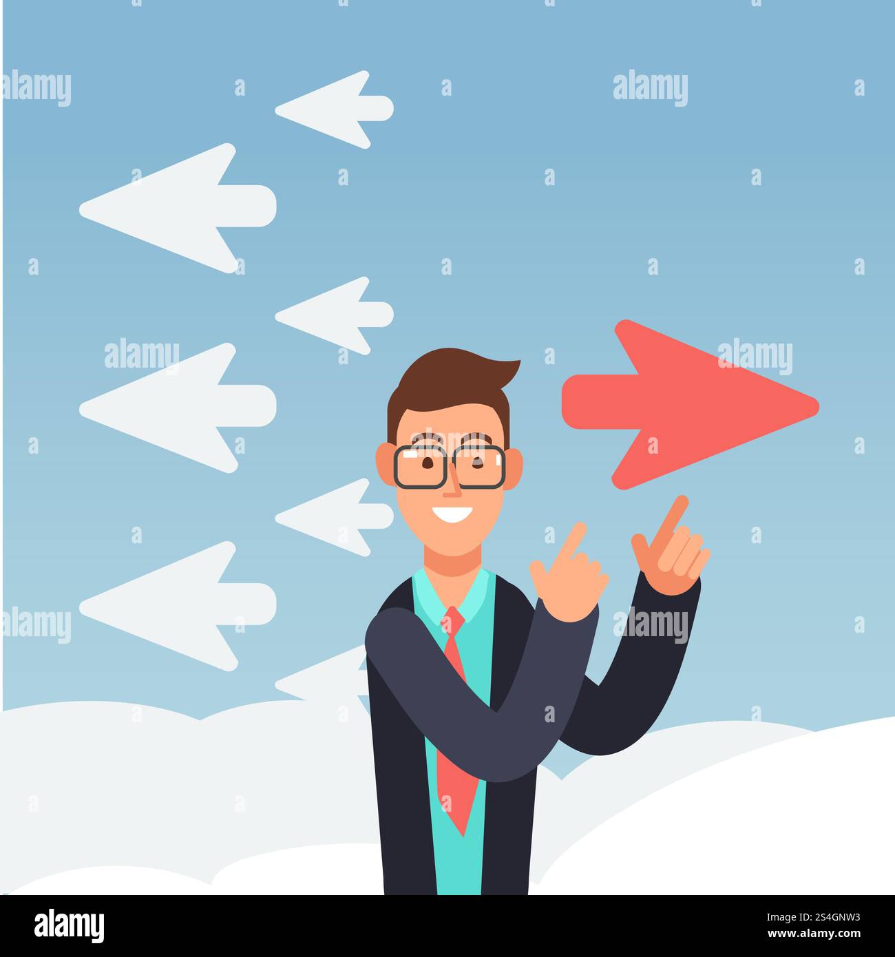 Red airplane changes direction. Different thinking and inovation ...