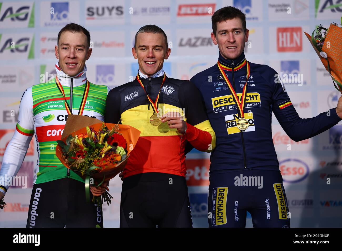 Belgian Laurens Sweeck, Belgian Thibau Nys and Belgian Toon Aerts celebrate on the podium after ...
