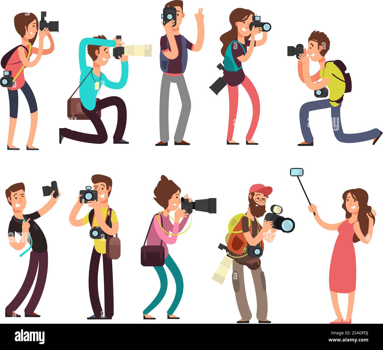 Funny professional photographer with camera taking photo in different ...