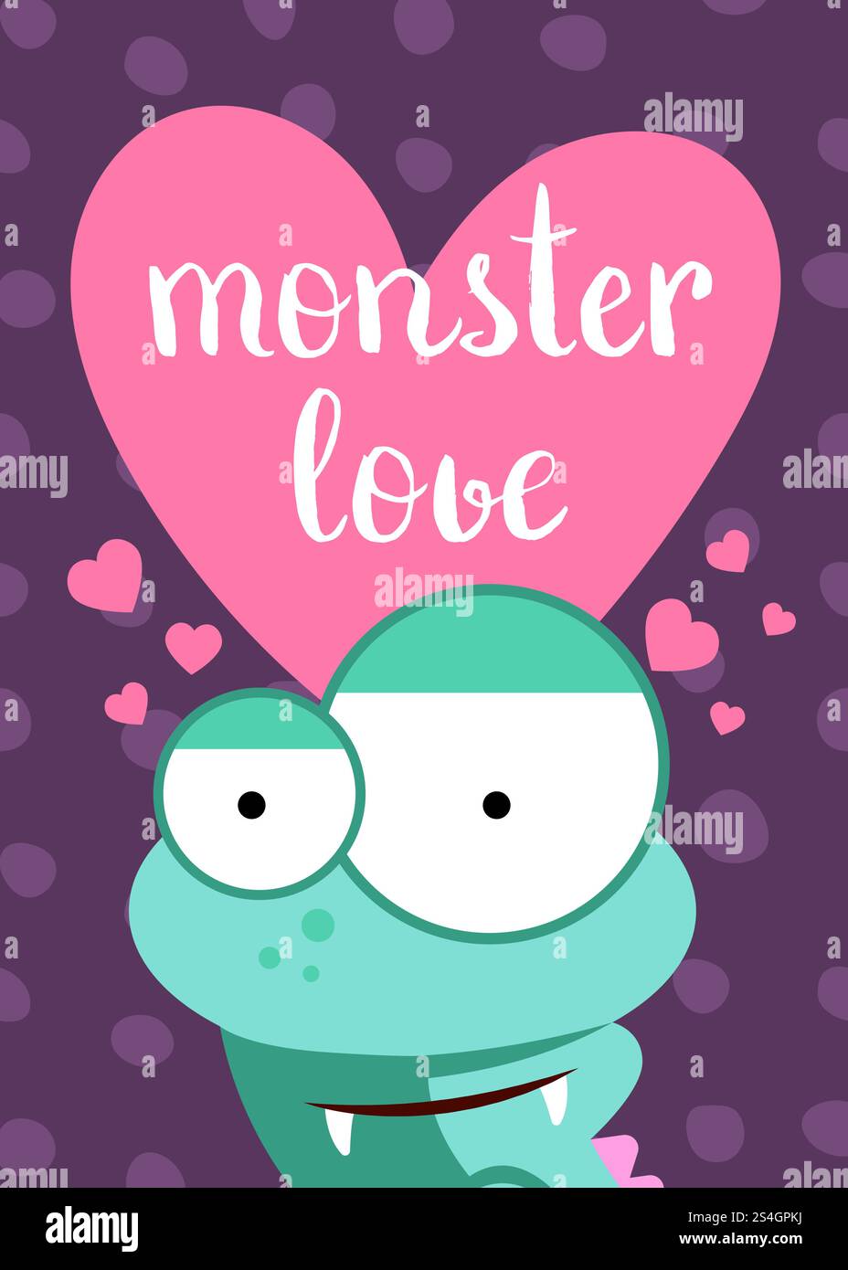 Vector Valentines Day card with heart, cute monster and lettering on ...
