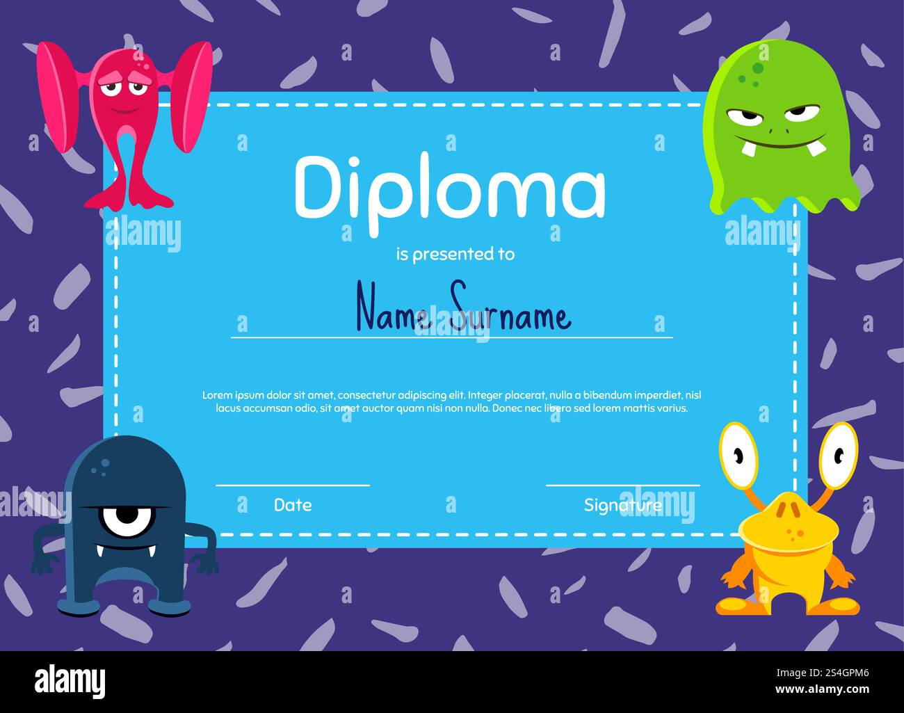 Vector horizontal children diploma or certificate with cute characters ...