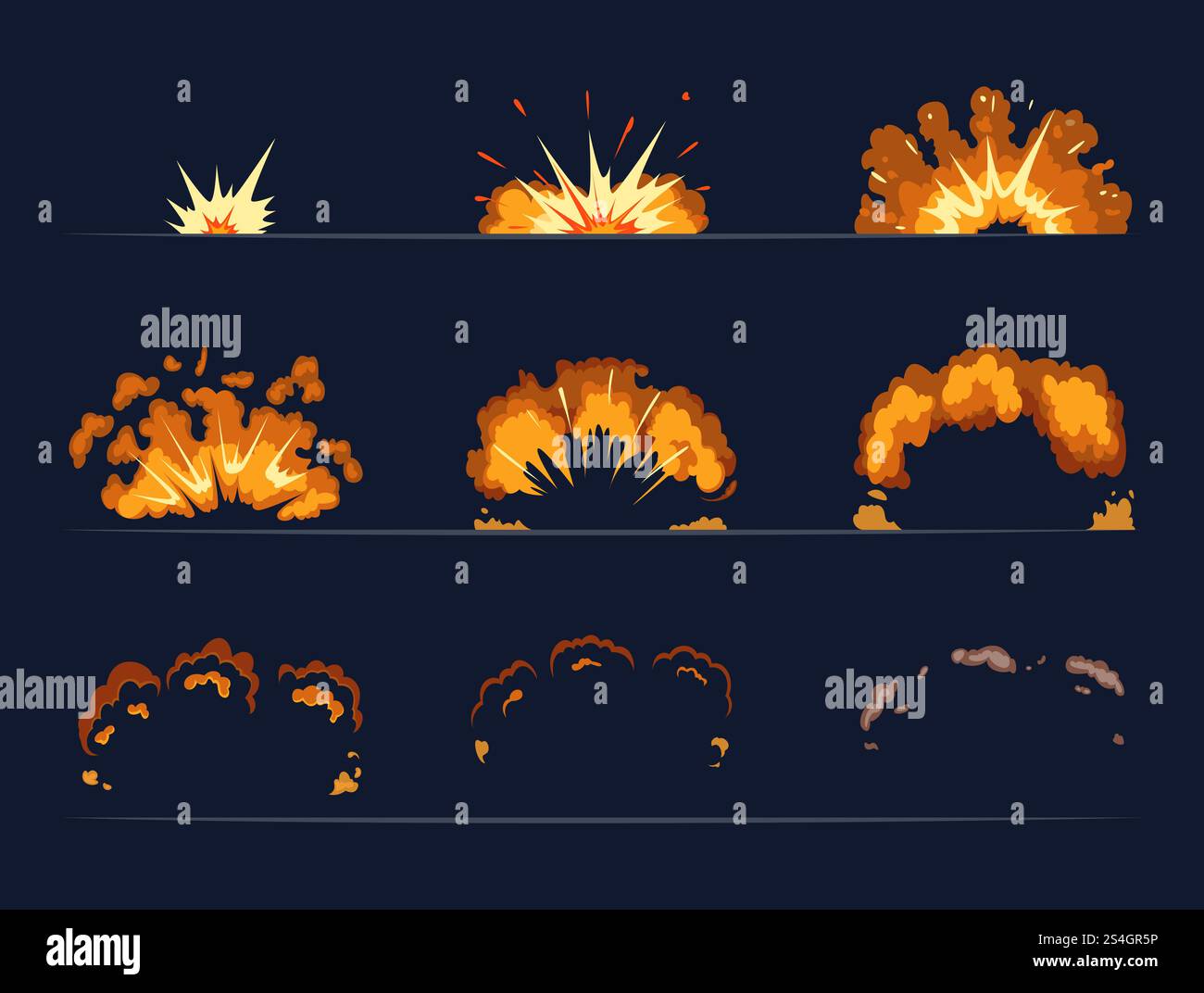 Key frames of bomb explosion. Cartoon illustration in vector style ...