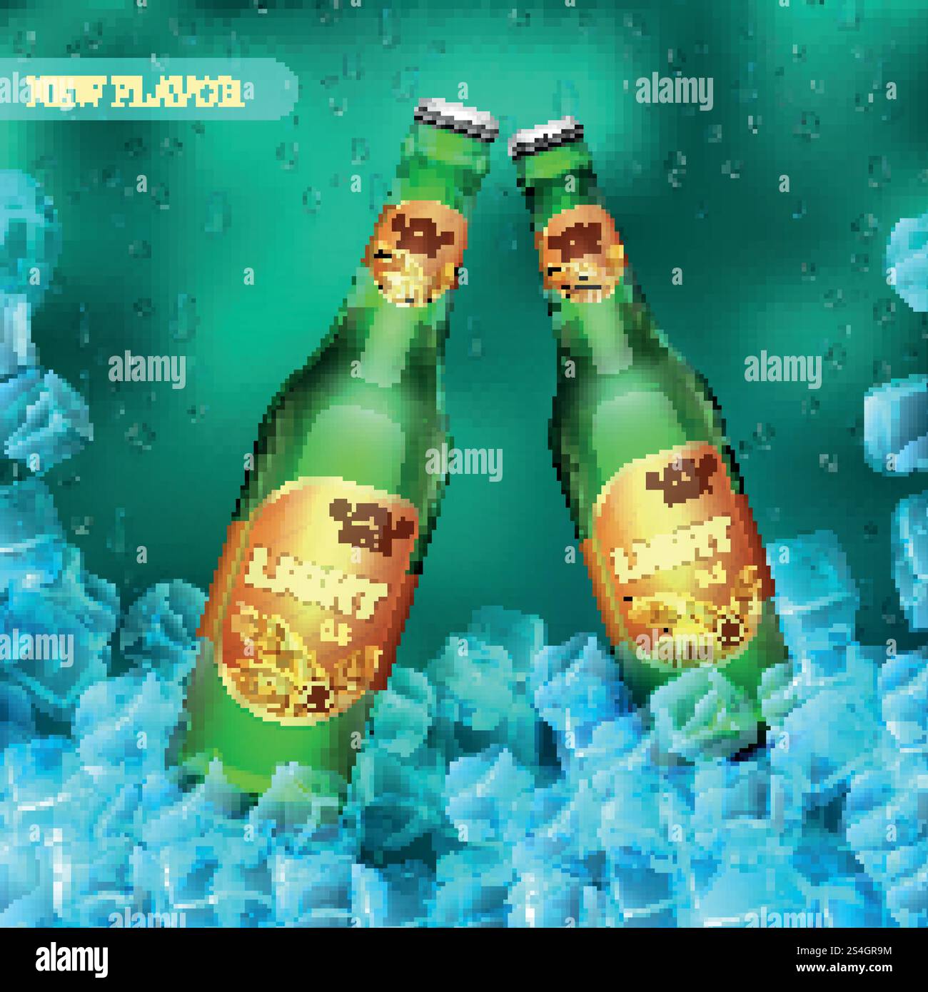 Frozen light beer bottles with ice cubes. Product vector retail ...