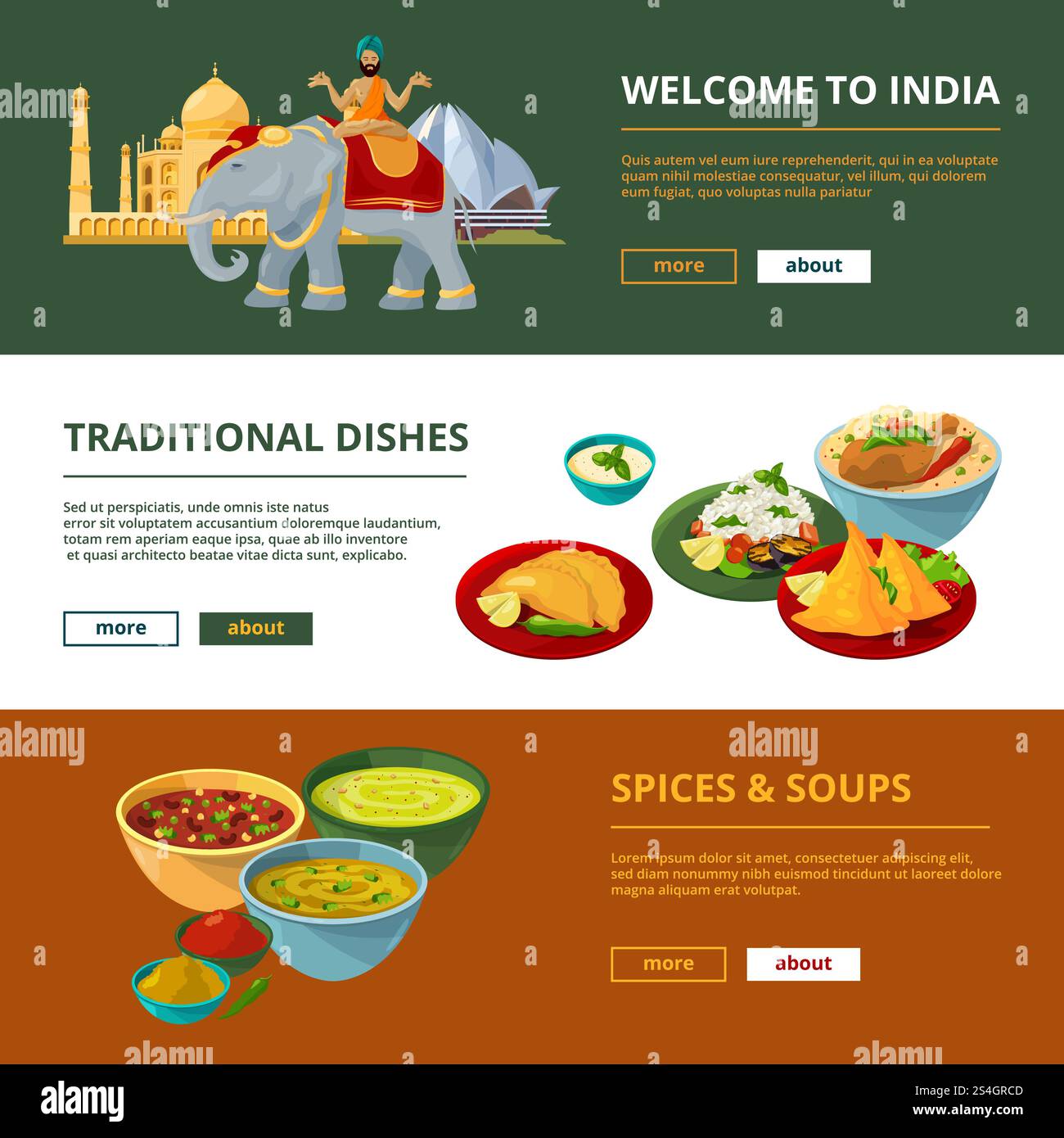 Indian cuisine and different traditional elements. Horizontal banners ...